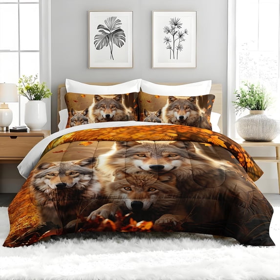 3pcs Wolf Family Autumn Leaves Comforter Set, Realistic Wildlife ...