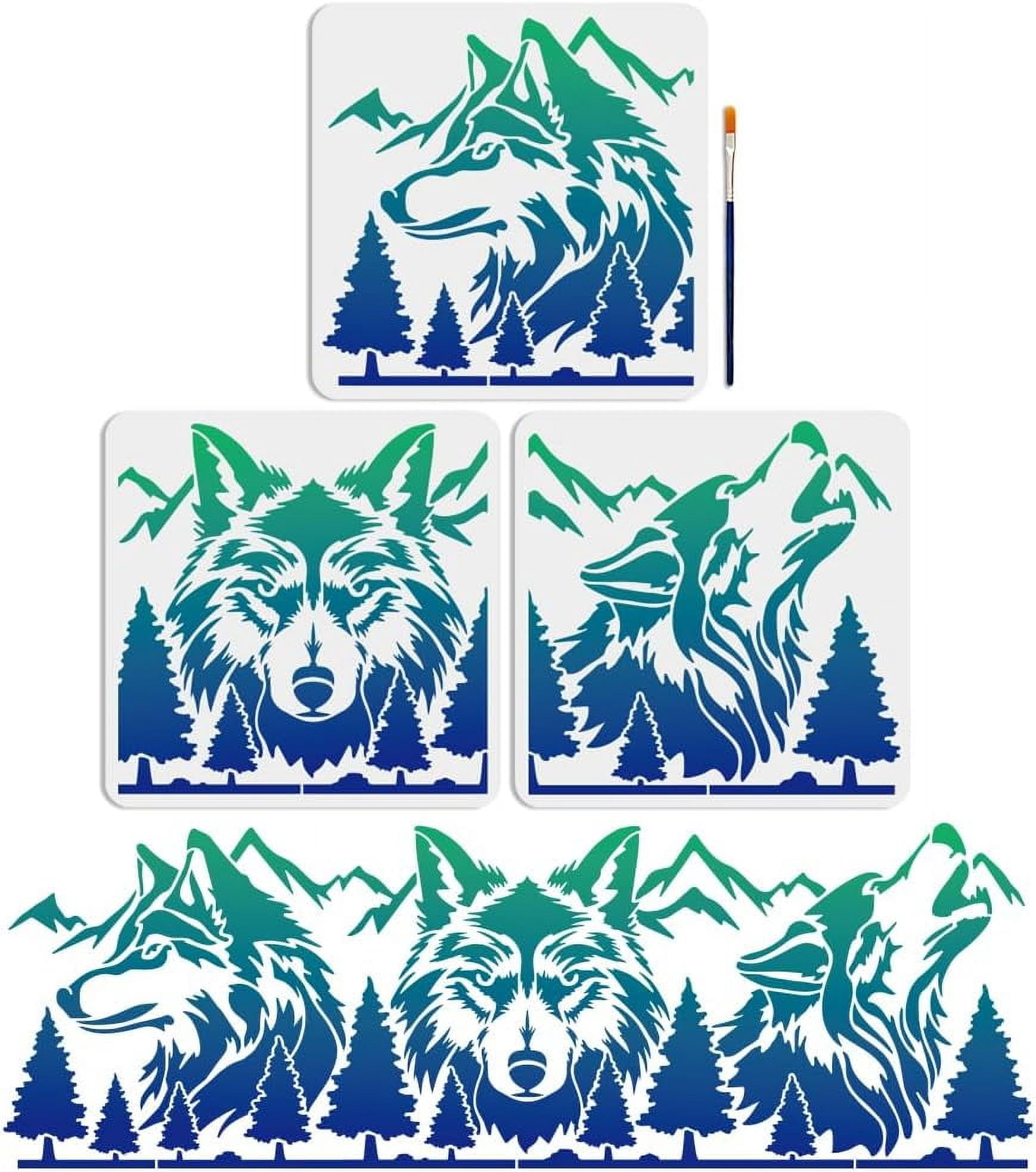 3pcs Wolf Mountain Forest Stencil 33×10inch Splicing Large Forest ...