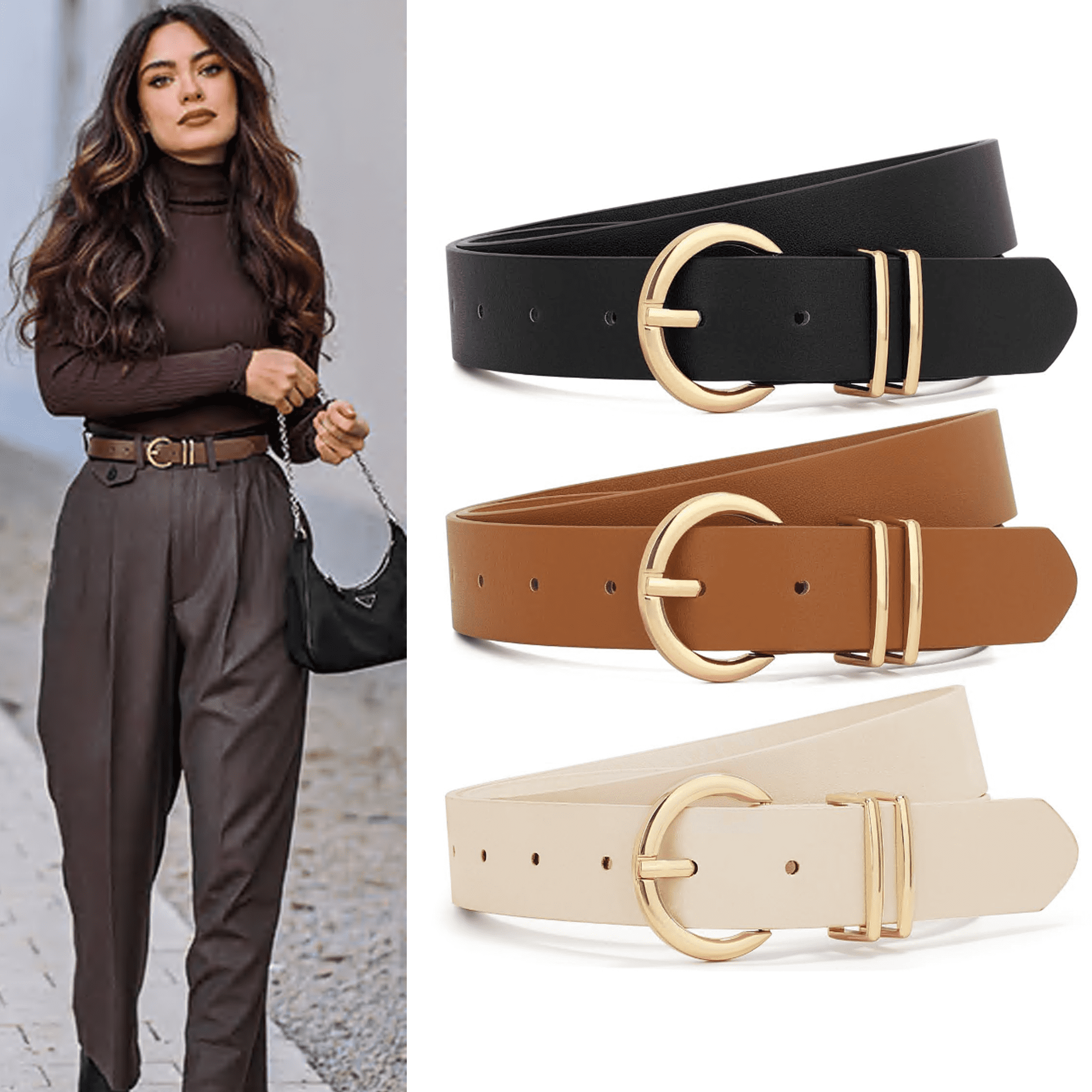3pcs Women Leather Belts Skinny Solid Color Pin Buckle Black Brown ...