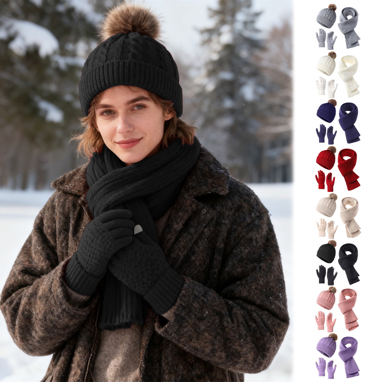 3pcs Women's Hat Winter Solid Color Knitted 3-Piece Set - Thick Warm ...