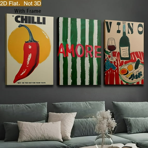 3pcs Wood Frame Canvas Print Decorative Painting, Chili, Vintage Wine ...