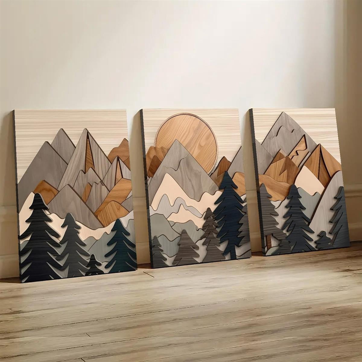 3pcs Wood Frame Wooden mountain murals, rural wood effect art, forest ...