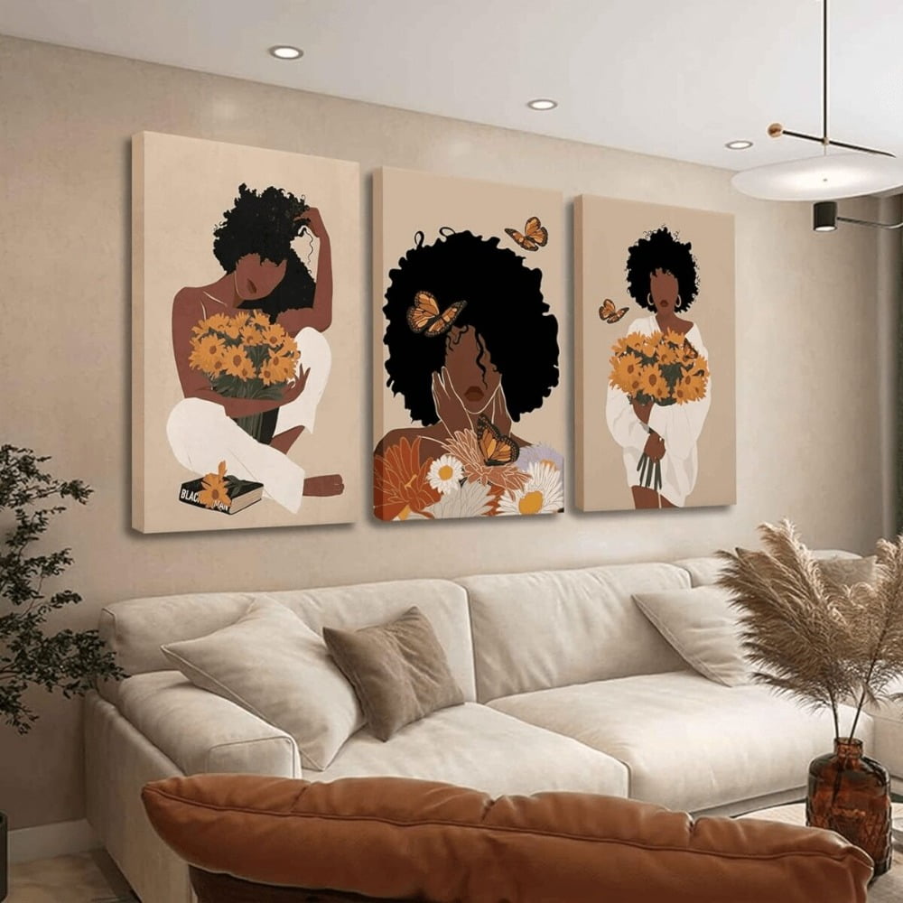 3pcs Wooden Framed Girl Bathroom Wall Art Boho Woman Posters Pictures African American Canvas ...