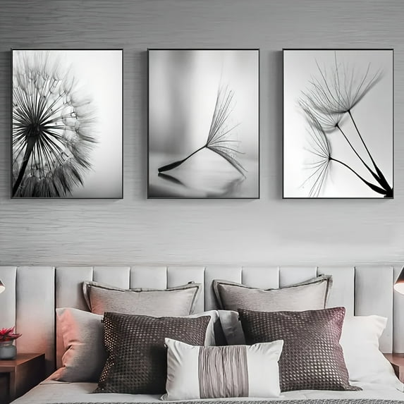 3pcs black and white dandelion flower wall poster, wall canvas, canvas ...