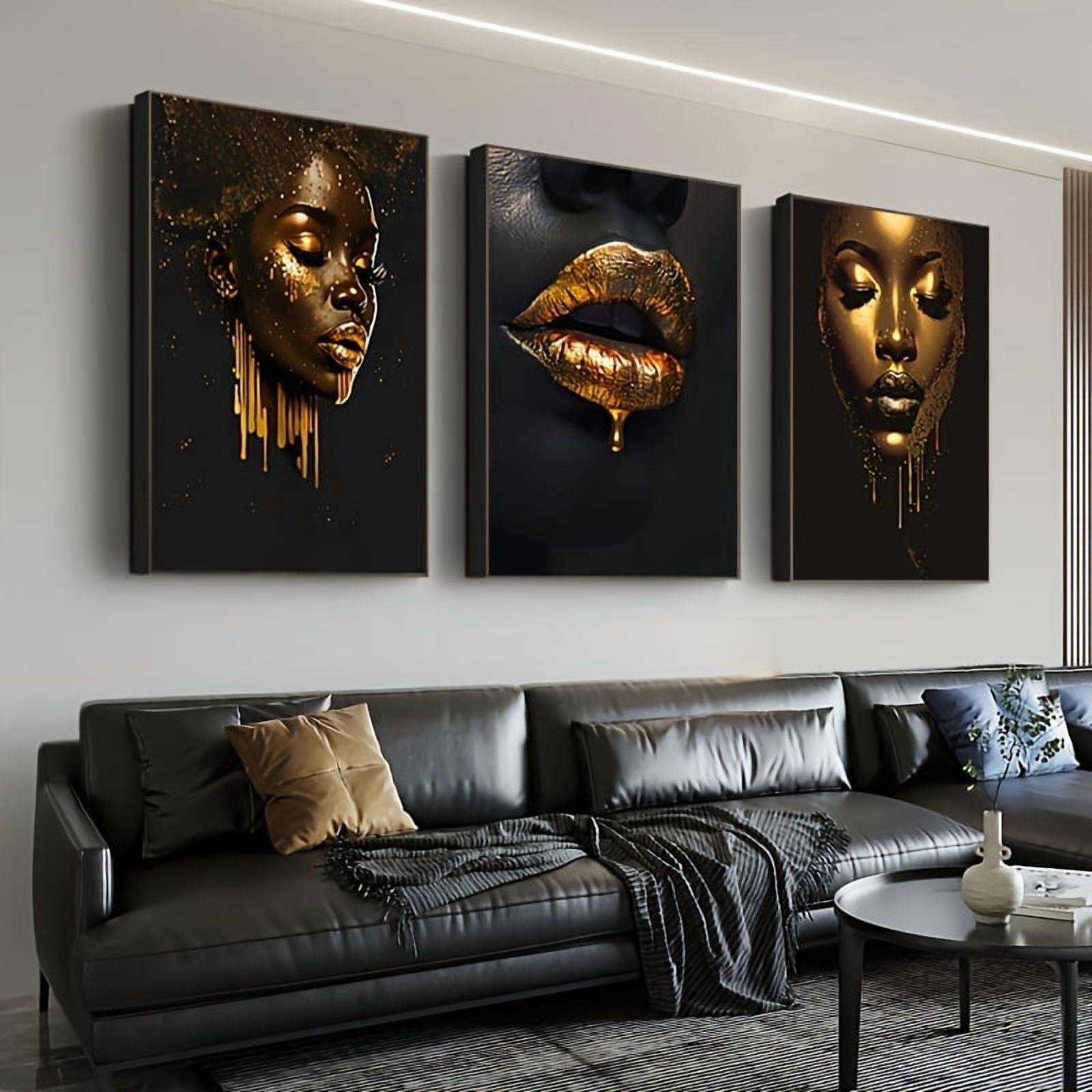 3pcs pop Style African woman girl Wall Art Painting Set Golden Wall ...