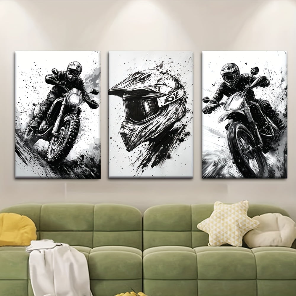 3pcs/set, Canvas painting--Unframed, Dirt bike, helmet, Posters and prints, living room, library ...