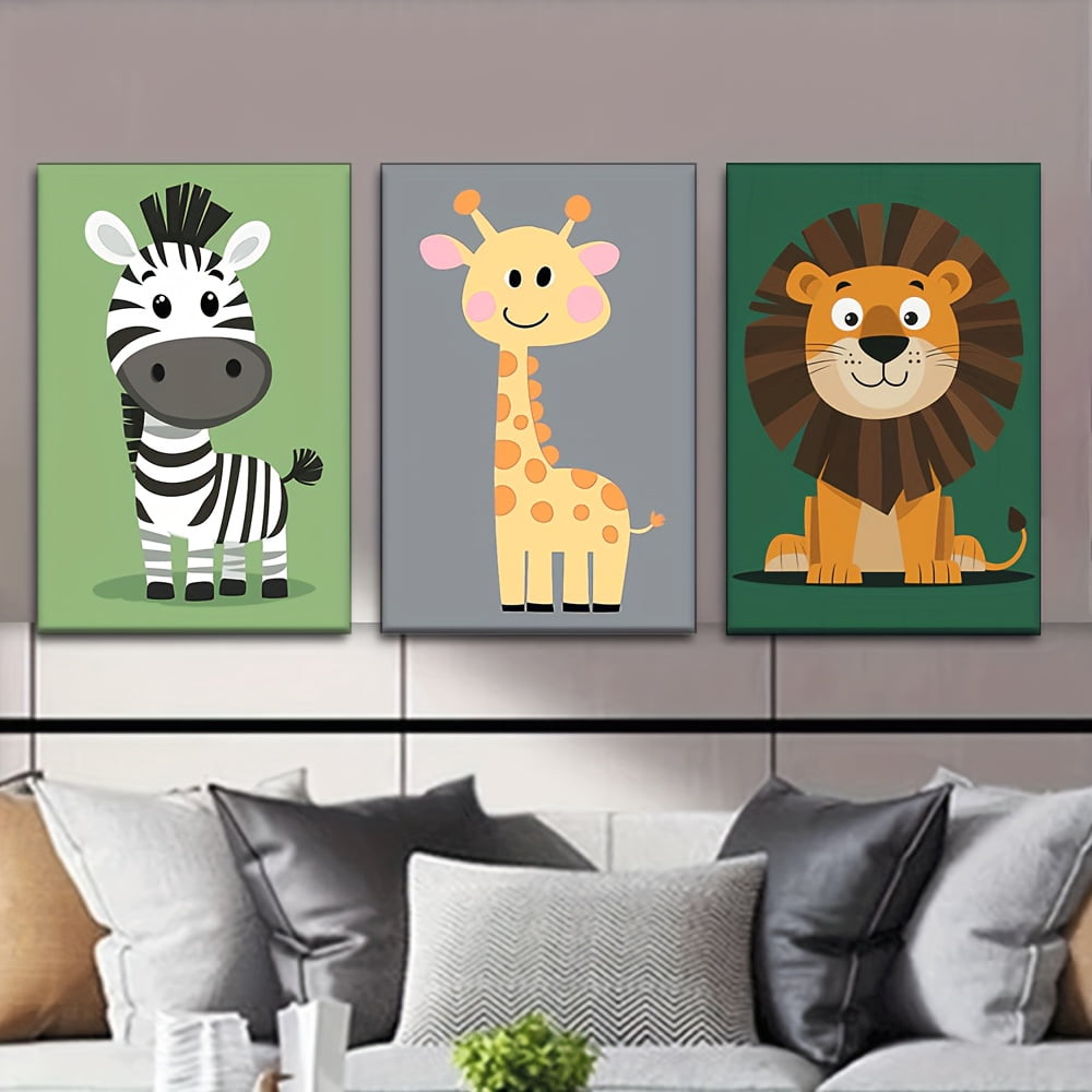 3pcs/set, Canvas painting--Unframed, Mint green giraffe, lion and zebra ...