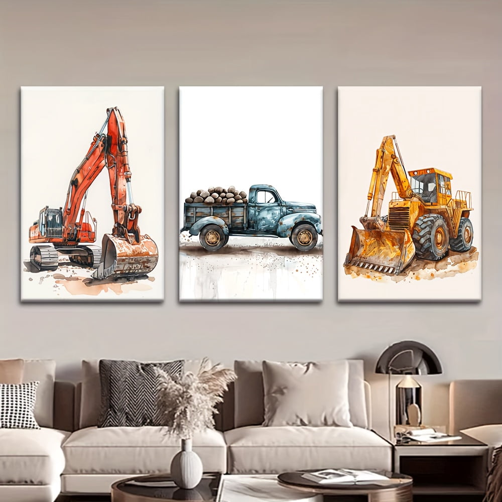 3pcs/set, Canvas painting--Unframed, Watercolor construction truck ...