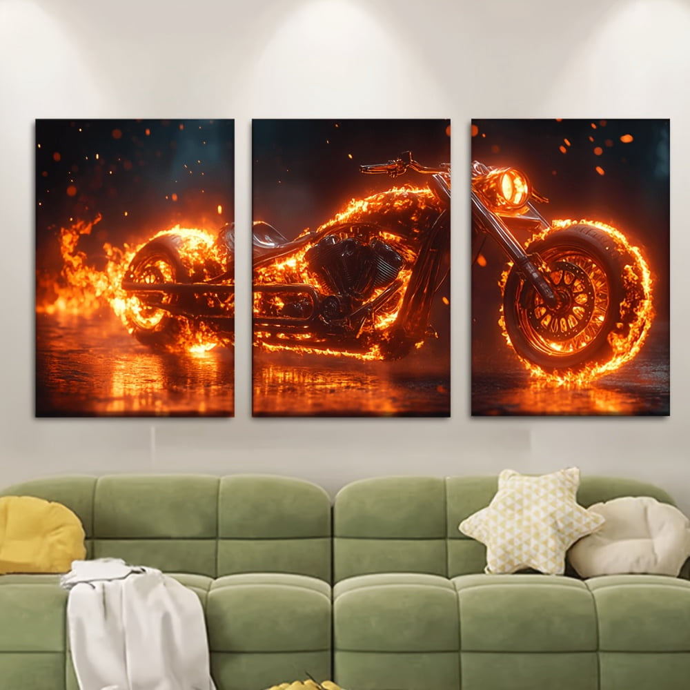 3pcs/set, Canvas painting--Unframed, The motorcycle burning in the fire ...