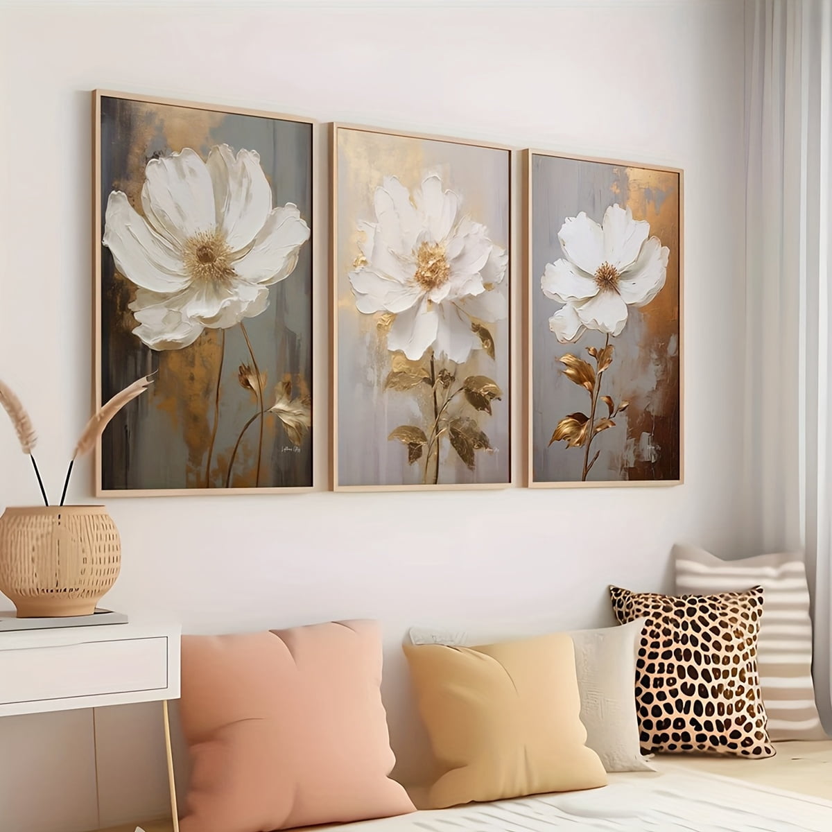 3pcs/set Golden Floral Art Posters, Golden Floral Wall Art, White and ...