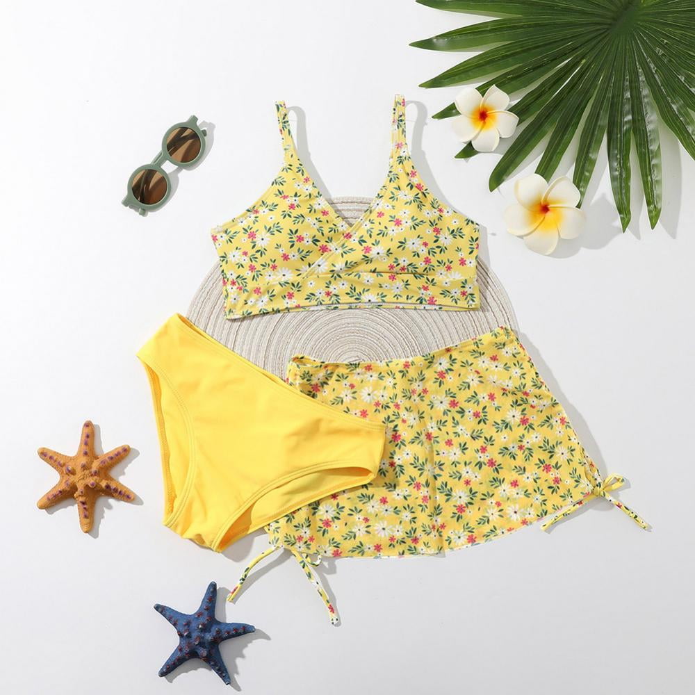 3pcs/set Little Girls Swimsuit Padded Bikini Set Floral Print Bathing ...