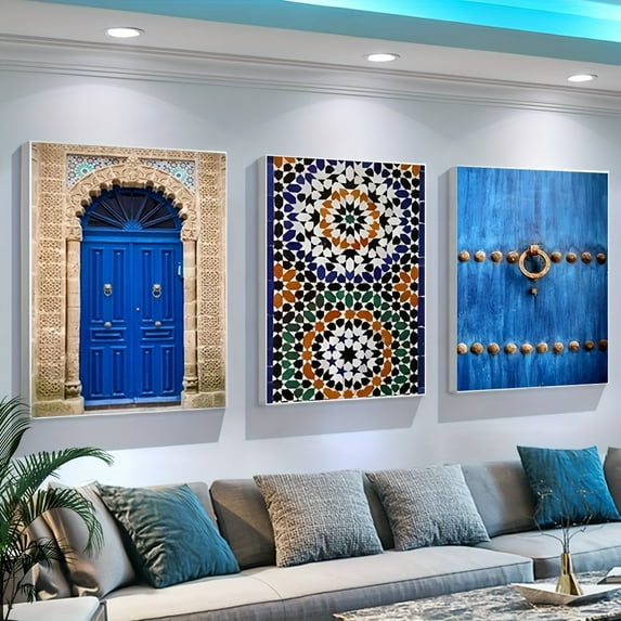 3pcs set Morocco Door Blue City poster Arab architectural art canvas ...