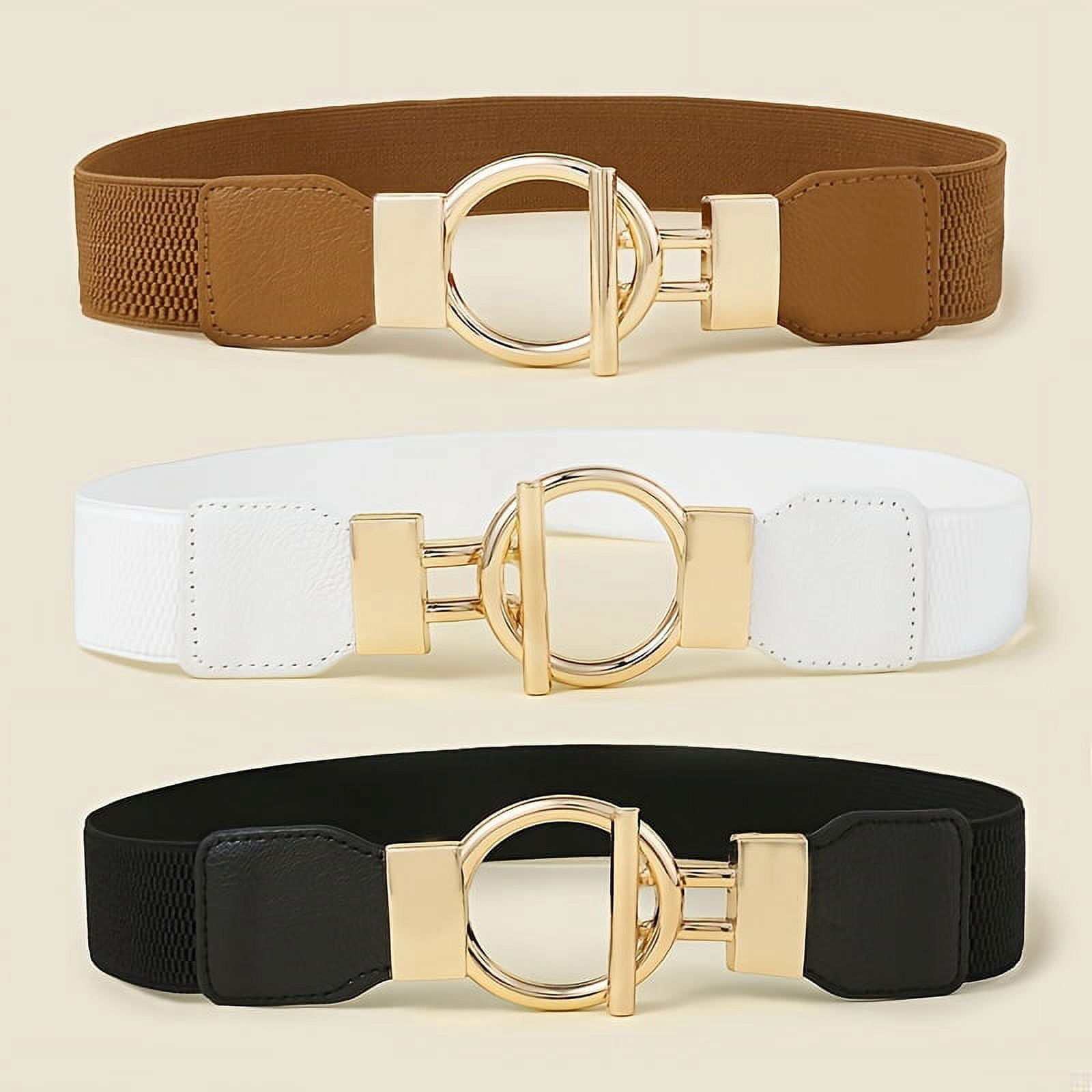3pcs/set Round Buckle Wide Belts Classic Solid Color Elastic Waistband ...