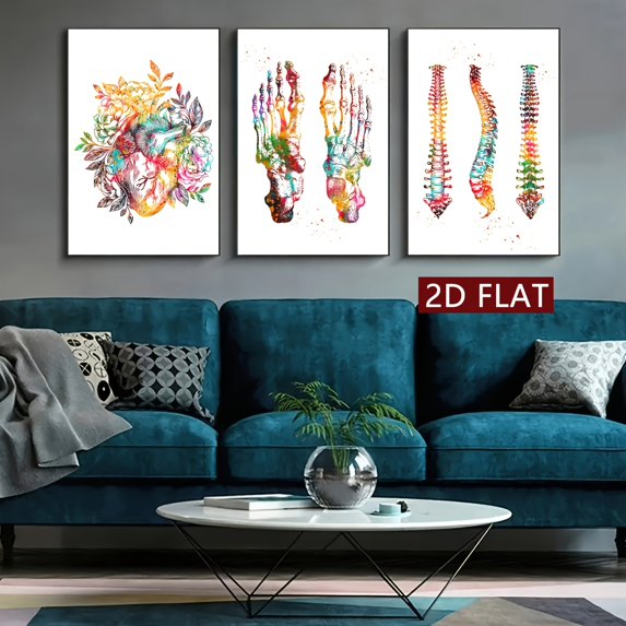 3pcs/set Unframed, Canvas Poster, Human Bone With Colorful Flowers ...
