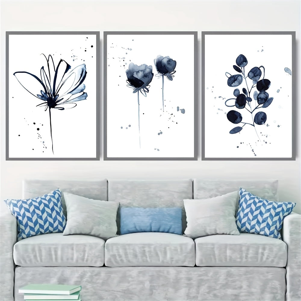 3pcs set of unframed blue watercolor leaf and flower art canvas ...