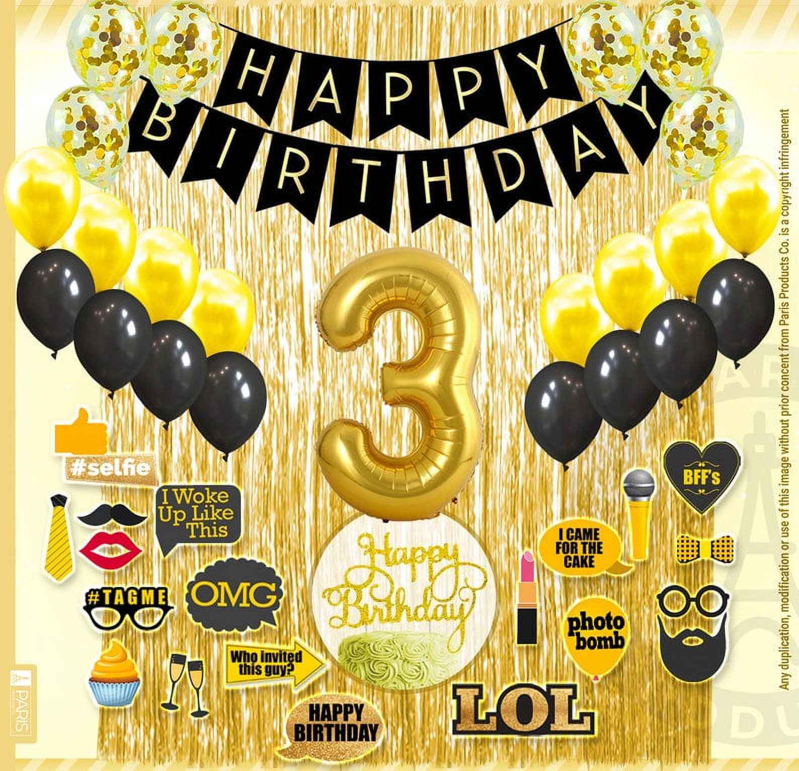 3rd Birthday Decoration Black and Gold for Boy & Girl, 3rd Cake Topper ...