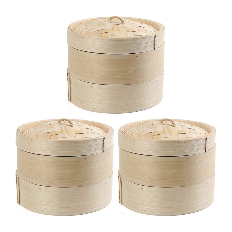 3set Bamboo Steamer 2 Tier 8 Inch Dim Sum Basket Rice Pasta Cooker Set ...