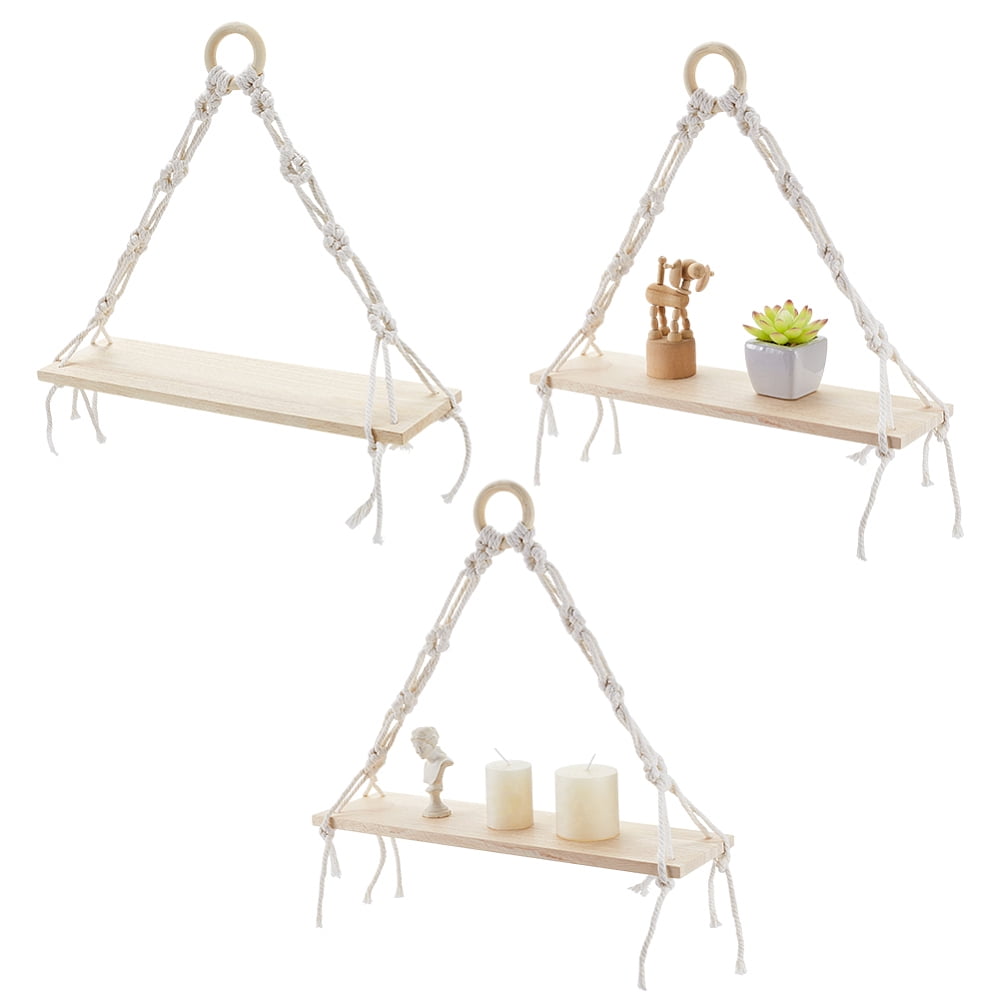 3set Macrame Hanging Shelves Boho Wall Decor Plants Hanging Shelf Wood ...