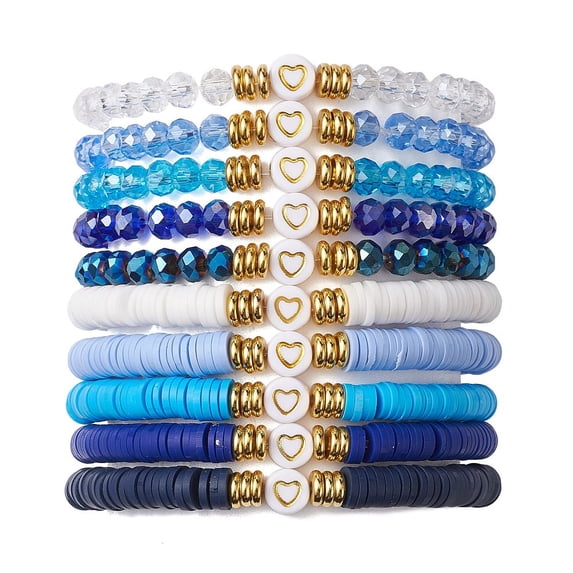 3sets 10pcs Polymer Clay Disc & Glass & Brass Beaded Stretch Bracelets ...