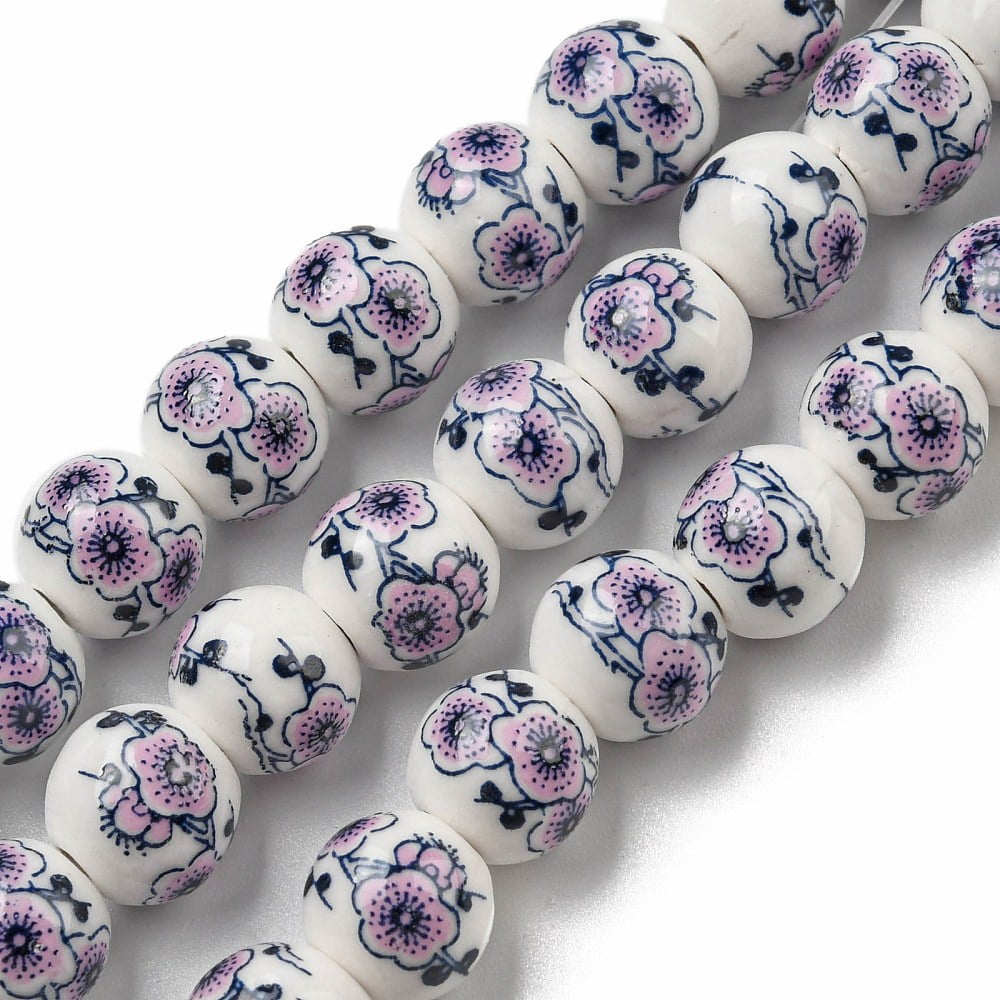 3strands Handmade Flower Printed Porcelain Ceramic Beads Strands Round ...