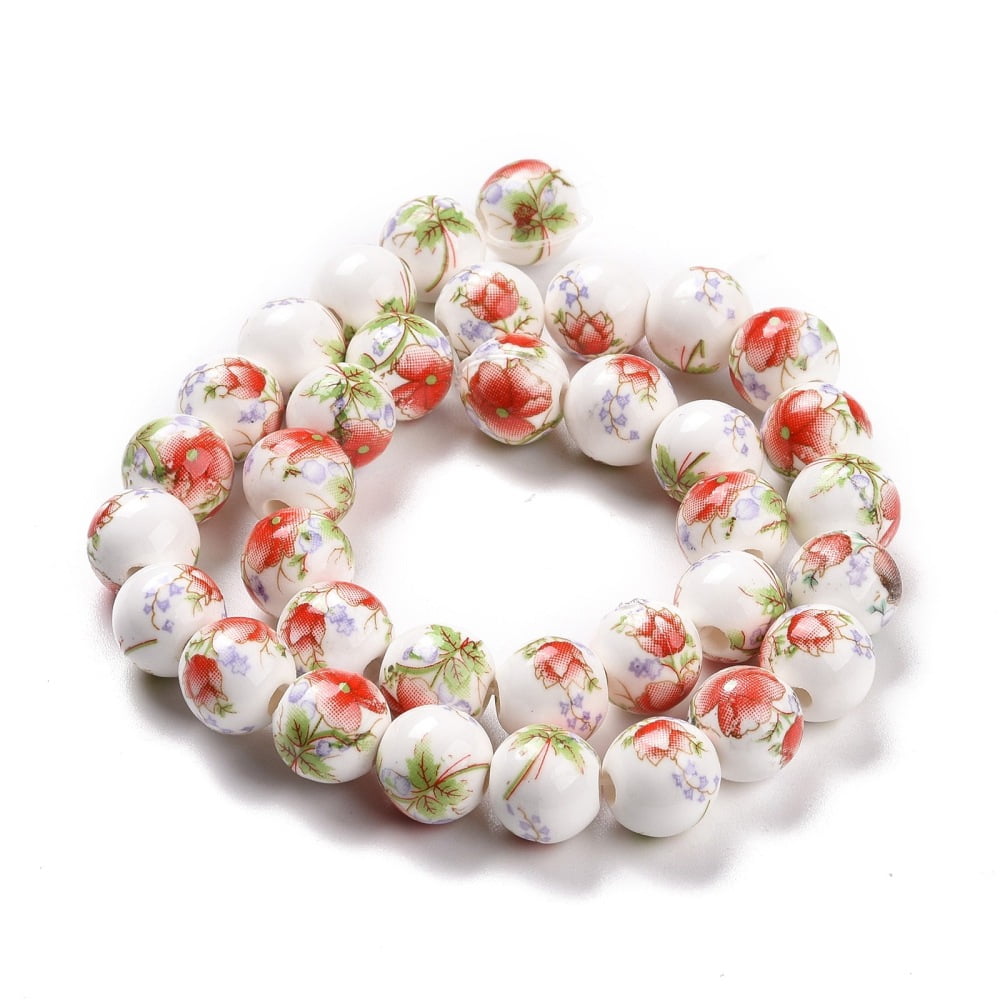 3strands Handmade Flower Printed Porcelain Ceramic Beads Strands Round ...