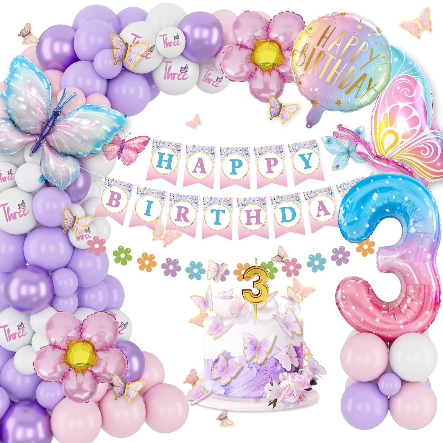 3th Birthday Decorations for Girls, Butterfly Birthday Party ...