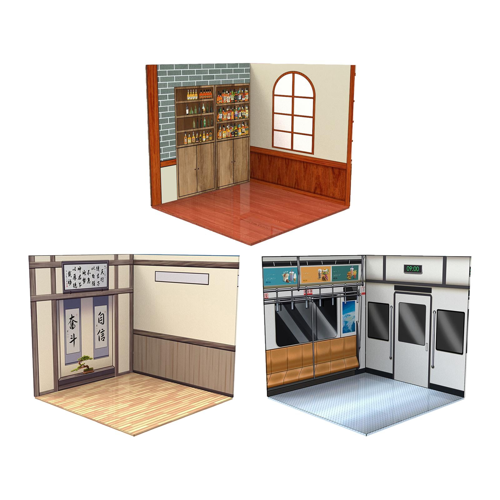 3x 1/12 Scale Backdrop Organizer Display Metro and Study Room and Pub ...