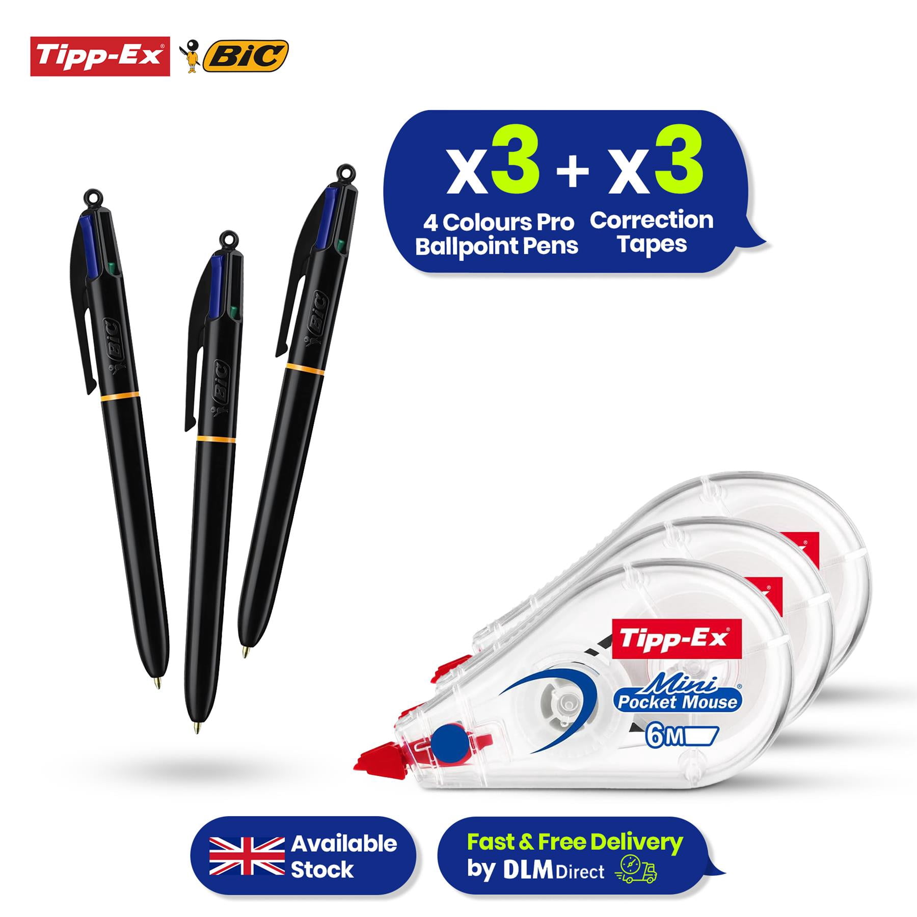 3x BIC 4 Colours Pro Ballpoint Pen & Tipp-Ex Mini Correction Tapes for ...