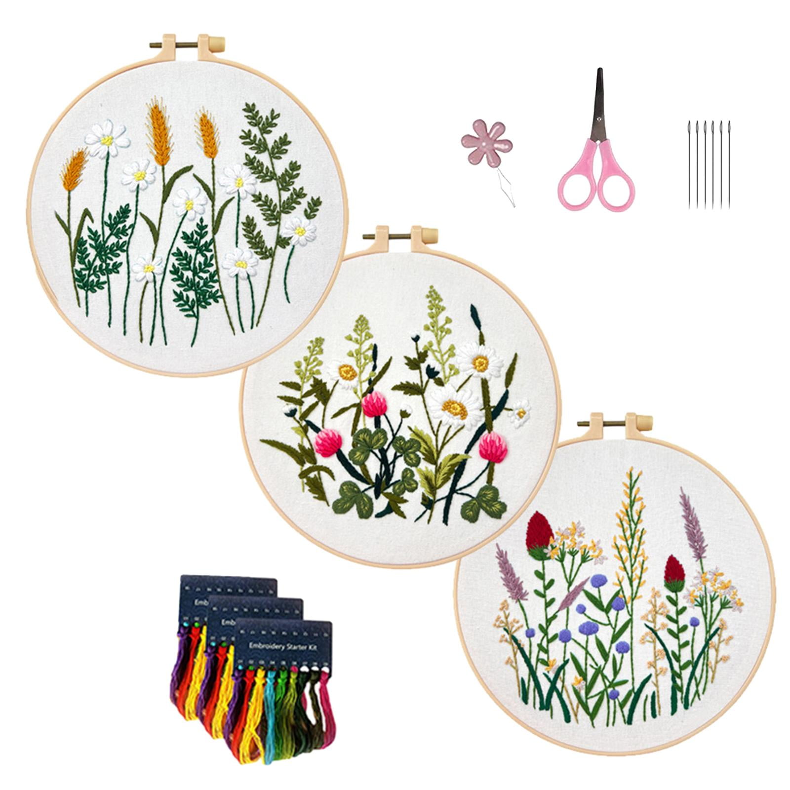 3x Beginner Embroidery Set Flowers Pattern Sewing Accessories Coloured ...