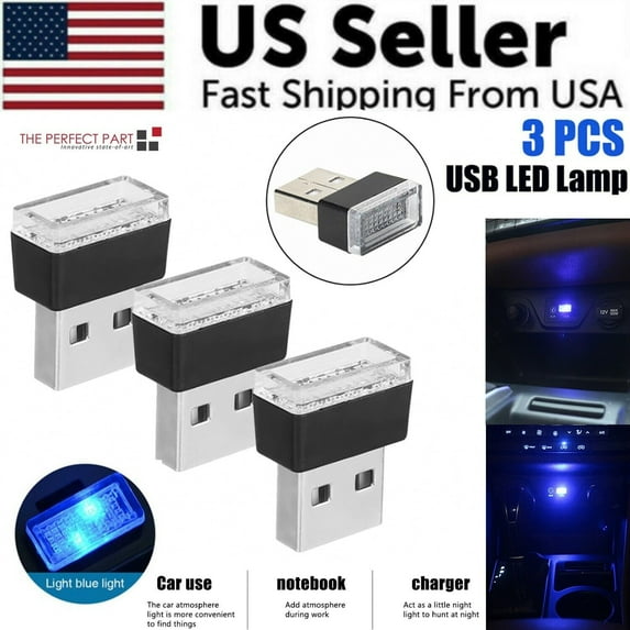 3x Mini Blue LED USB Car Interior Light Neon Atmosphere Ambient Lamp ...