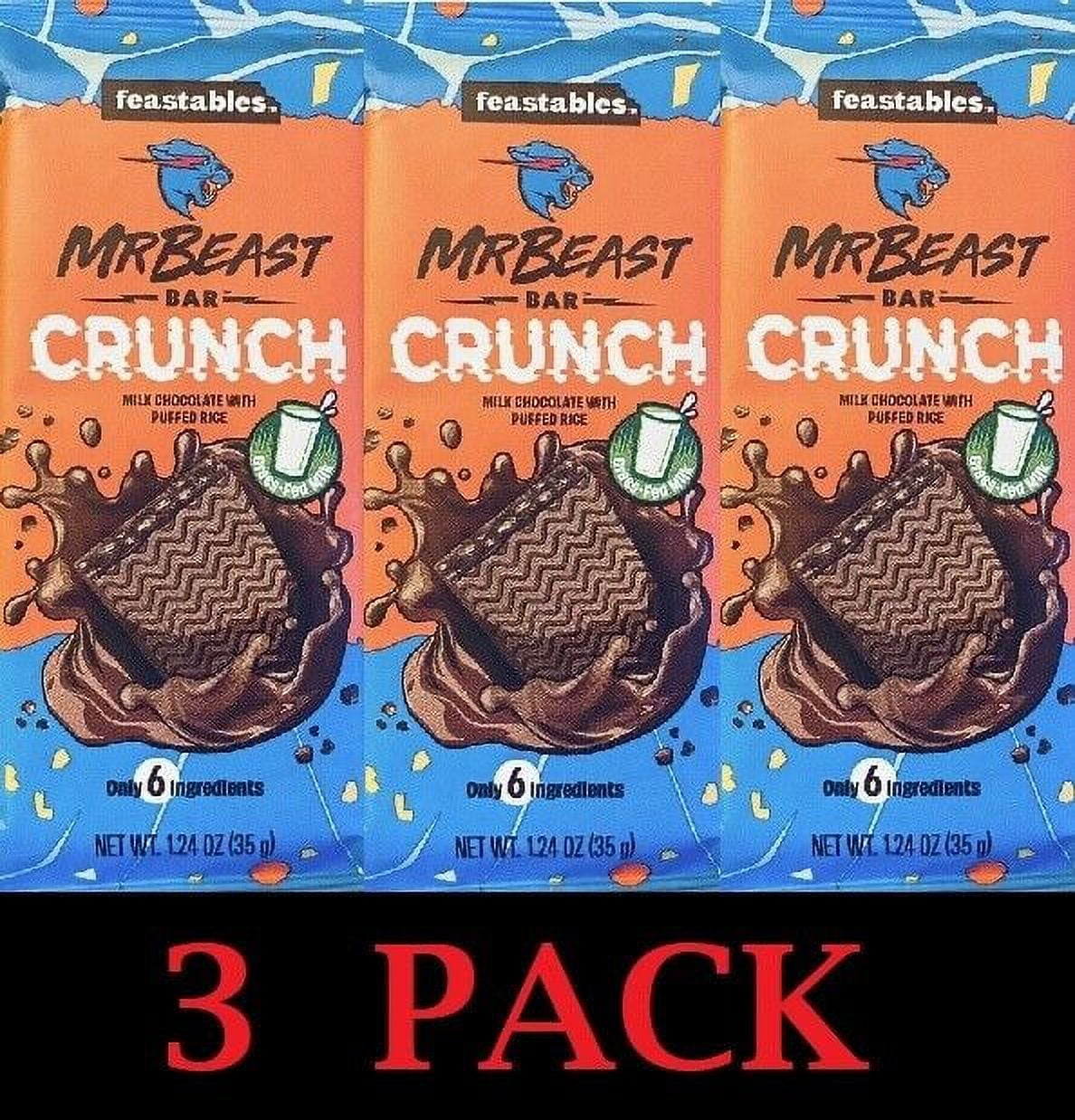 3x Mr Beast Feastables CRUNCH Milk Puffed Rice Chocolate Bar 1.24 oz ...