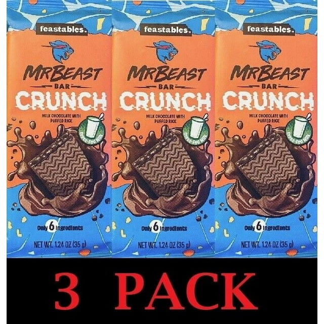 3x Mr Beast Feastables CRUNCH Milk Puffed Rice Chocolate Bar 1.24 oz ...