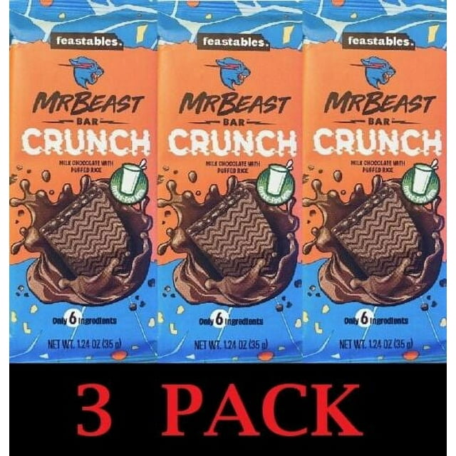 3x Mr Beast Feastables CRUNCH Milk Puffed Rice Chocolate Bar 1.24 oz ...