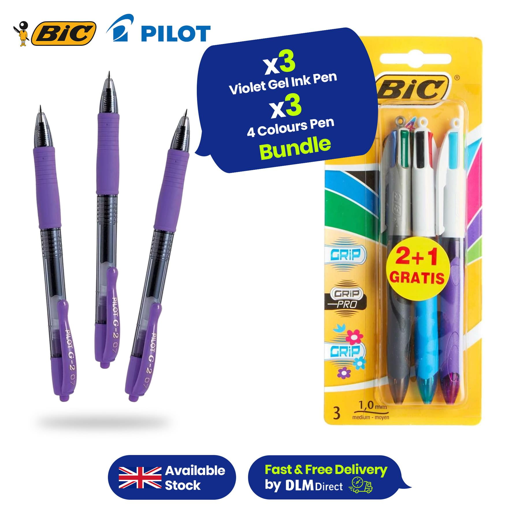3x Pilot G2 07 Violet Fine Pen & 3x BIC Grip 4-Colours Pens for Precise ...