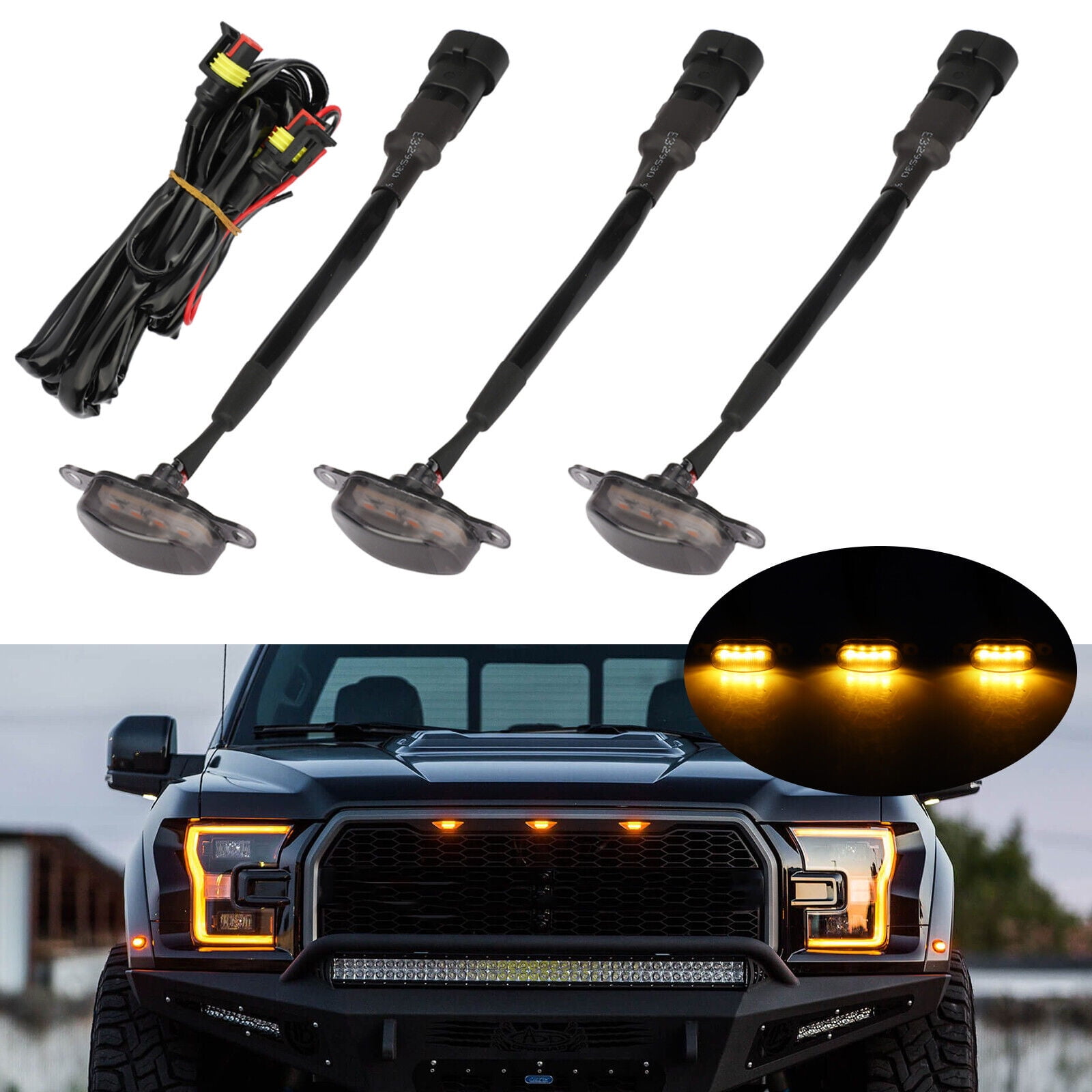 3x Raptor Style Smoked Amber LED Front Grill Lights Kit For F150 Truck ...