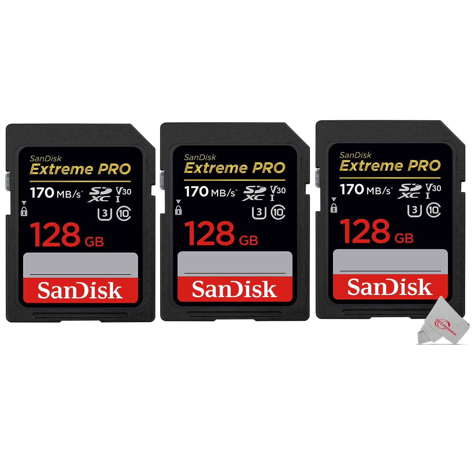3x SanDisk Extreme Pro 128GB SDXC UHS-I/U3 V30 Class 10 Memory Card, Speed Up to 170MB/s ...
