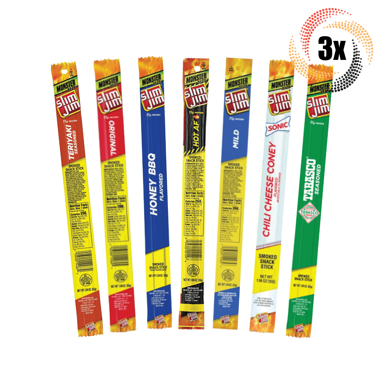3x Sticks Slim Jim Variety Flavor Monster Size Snack Sticks 1.94oz Mix ...