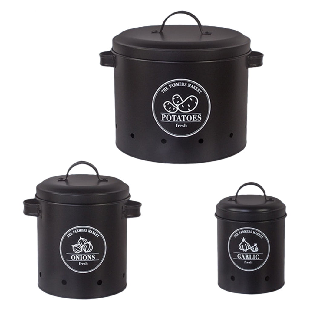 3x storage containers for potatoes, onions and garlic, kitchen set ...