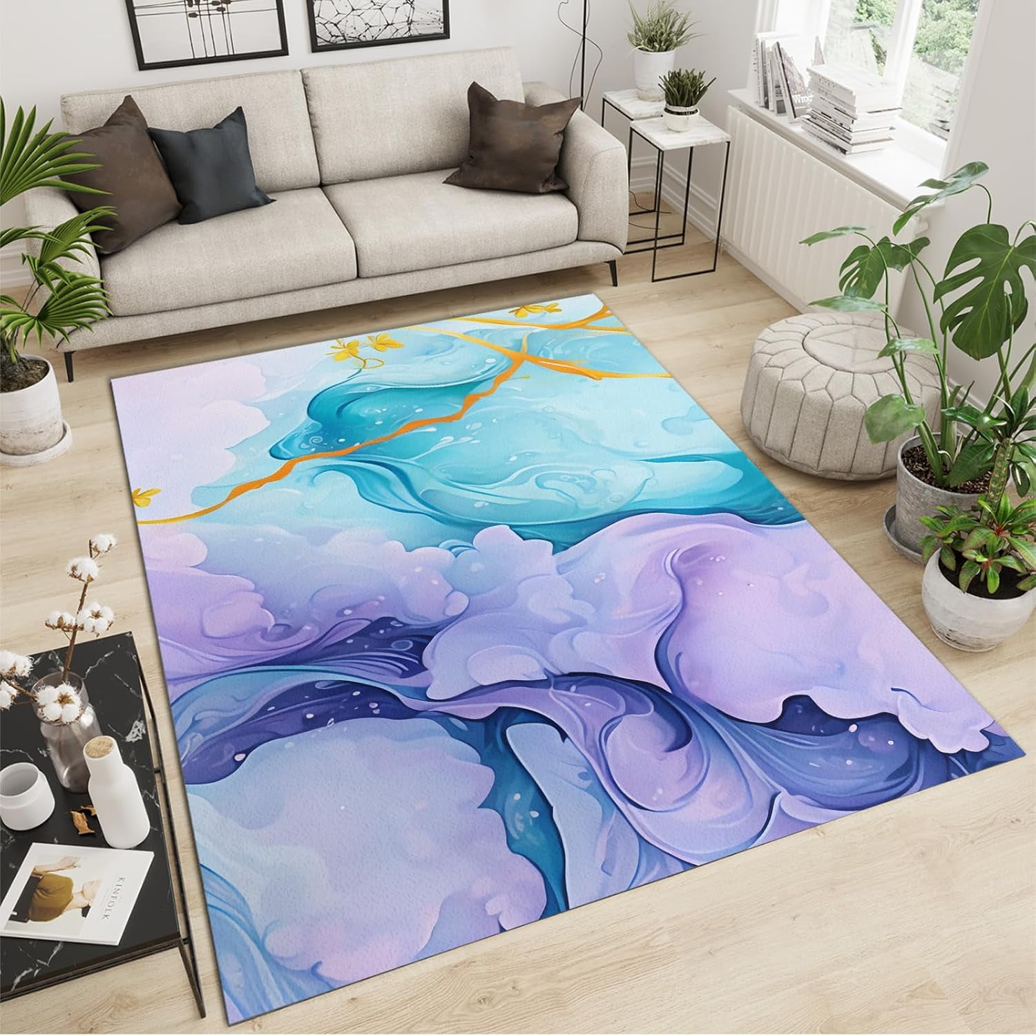 3x4 Small Blue Purple Marble Area Rug, Modern Dreamy Luxury Floor ...