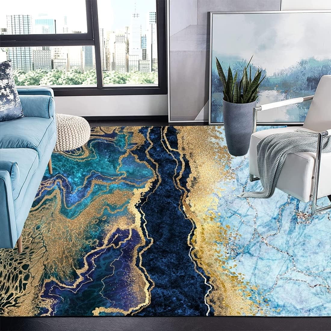 3x4 Small Marble Texture Modern Abstract Blue and Gold Aesthetic Area ...