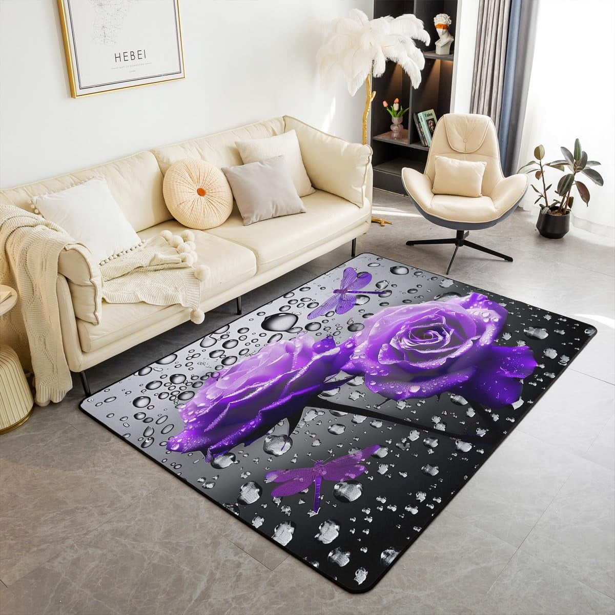 3x4ft Purple Rose Area Rug, Florals Dragonflies Blossom 3D Water Carpet ...