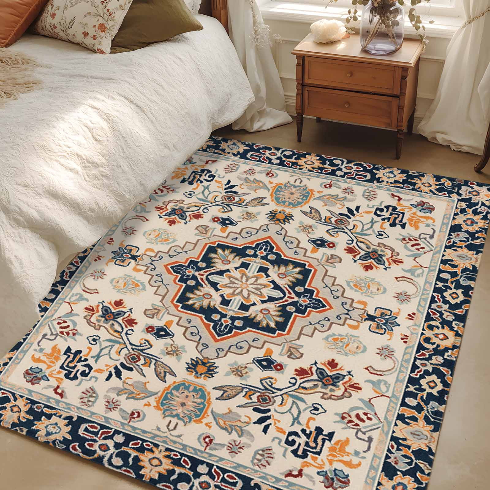 3x5 Area Rugs, Blue Boho Non-Skid Rubber Backing Large Rectangle Rugs ...