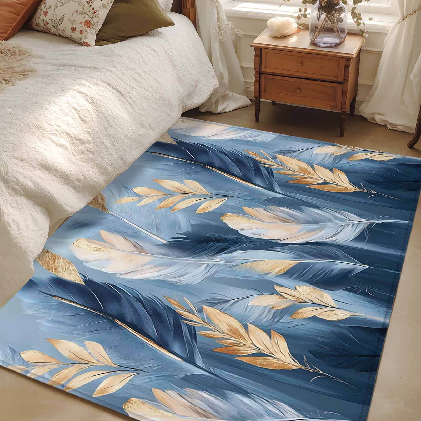 3x5 Area Rugs, Blue Gold Feather Non-Skid Rubber Backing Large ...