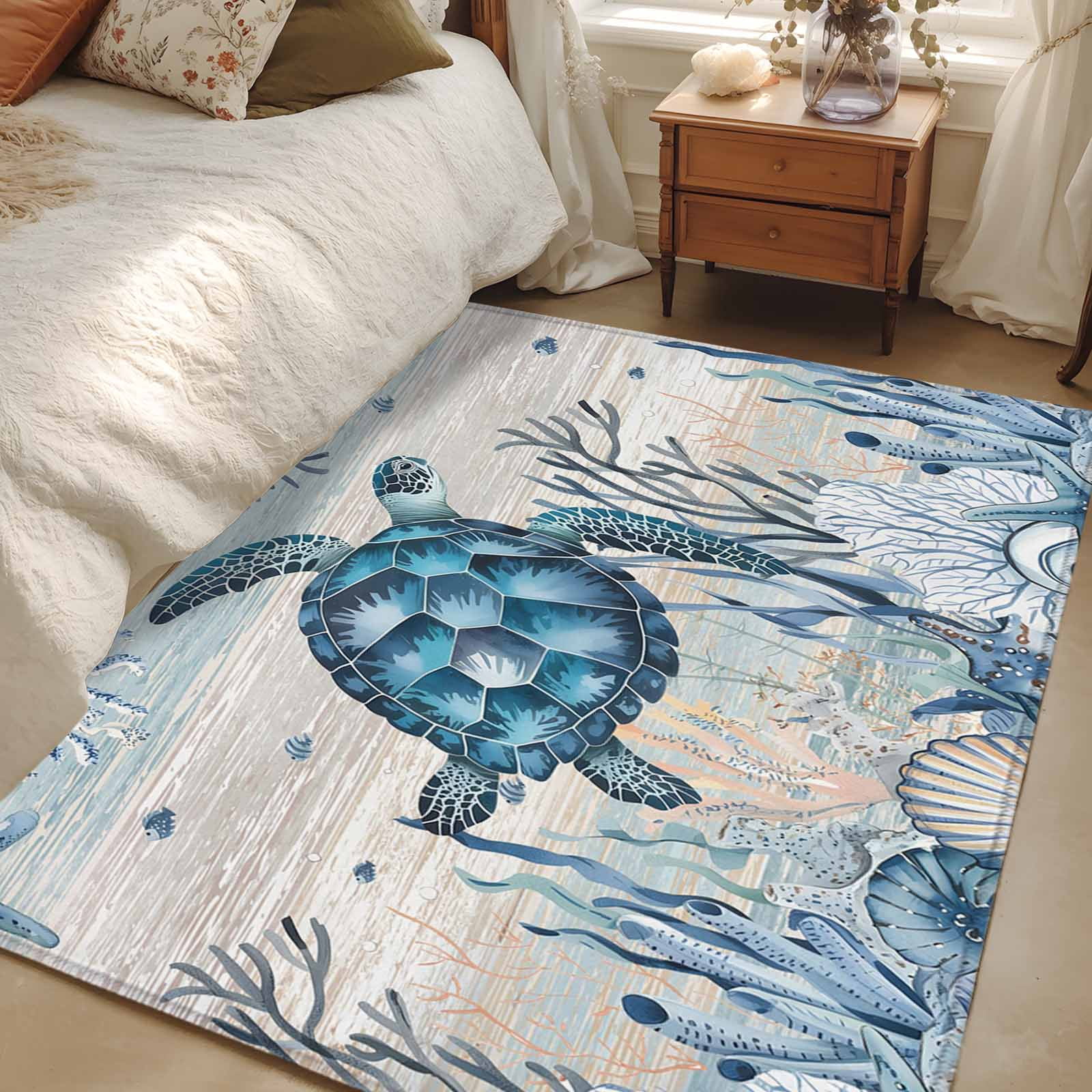 3x5 Area Rugs, Blue Turtle Coastal Non-Skid Rubber Backing Large ...