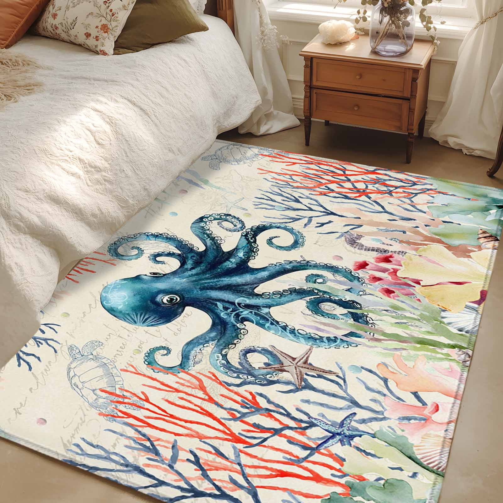 3x5 Area Rugs, Coastal Nautical Octopus Non-Skid Rubber Backing Large ...
