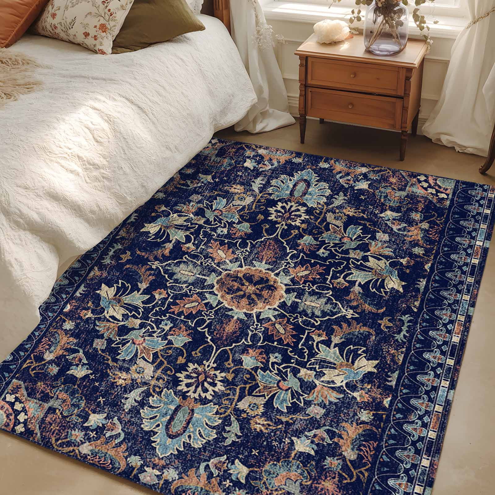 3x5 Area Rugs, Navy Blue Boho Non-Skid Rubber Backing Large Rectangle ...