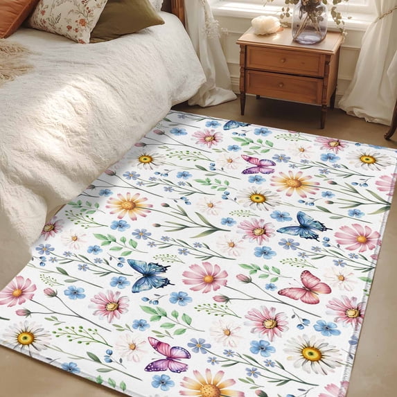 3x5 Area Rugs, Pink Spring Floral Non-Skid Rubber Backing Large Rectangle Rugs - Living Room ...
