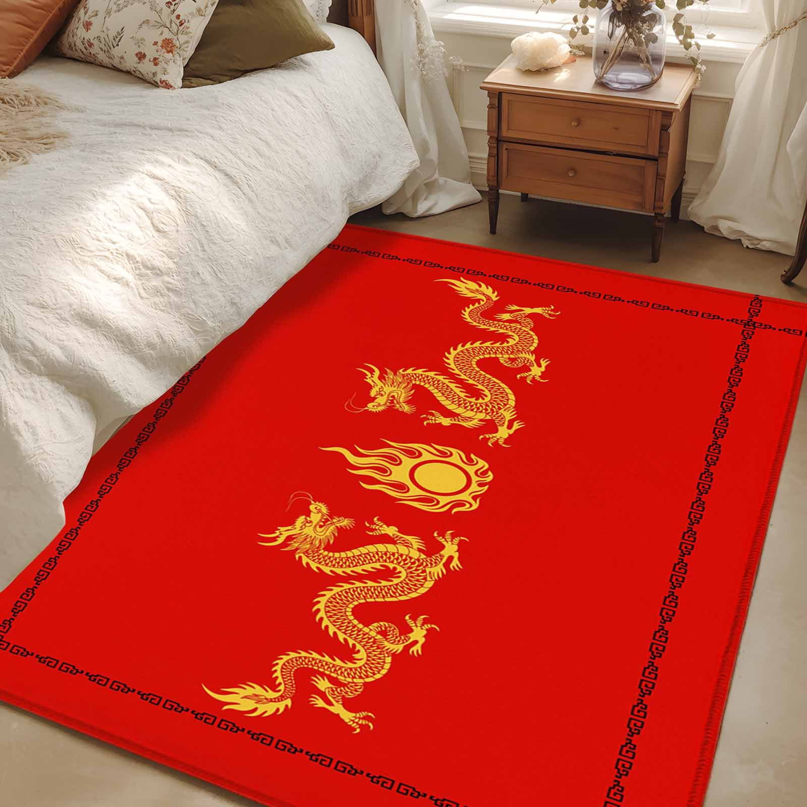 3x5 Area Rugs, Red Yellow Dragon Non-Skid Rubber Backing Large ...