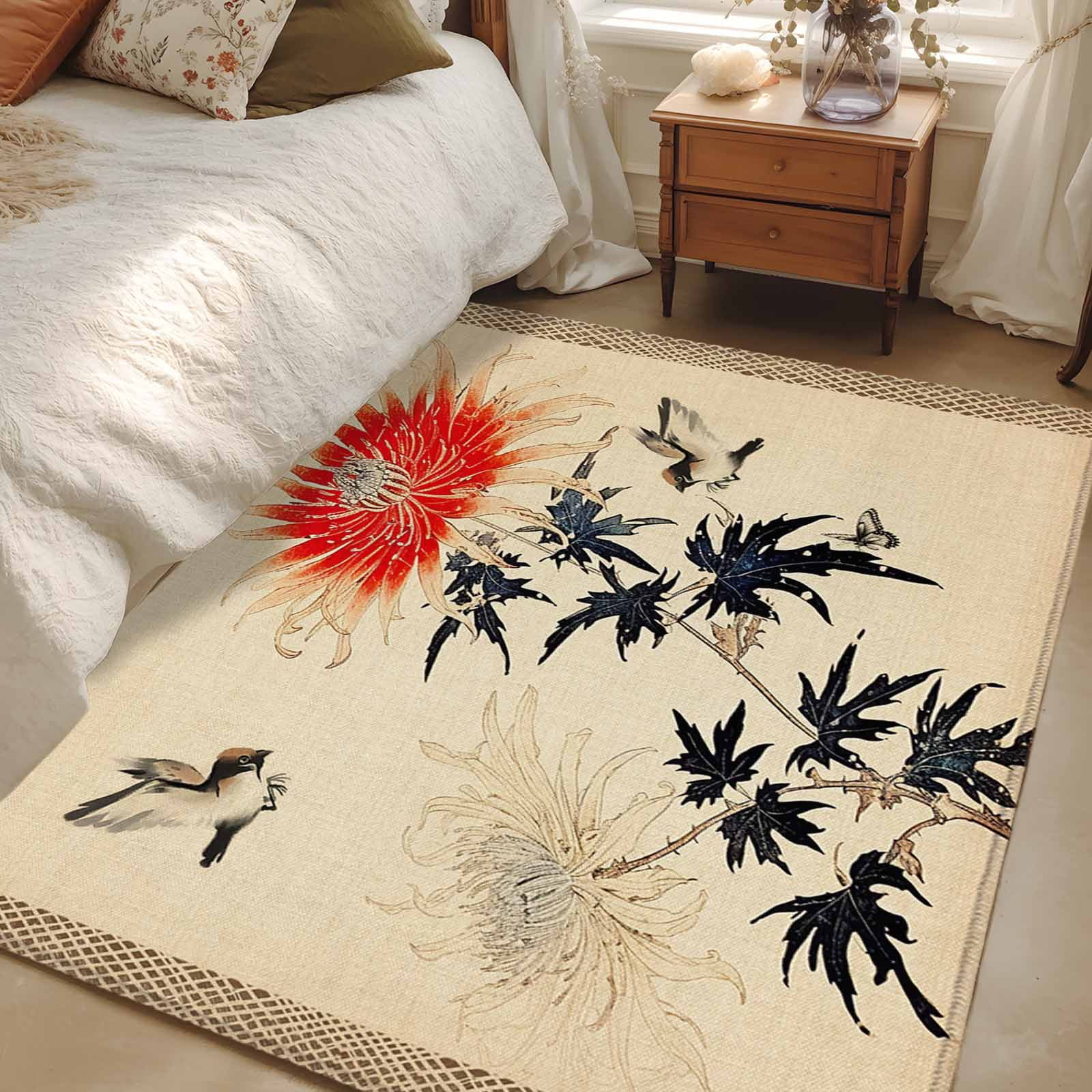 3x5 Area Rugs, Retro Flower Bird, Non-Skid Rubber Backing Large ...