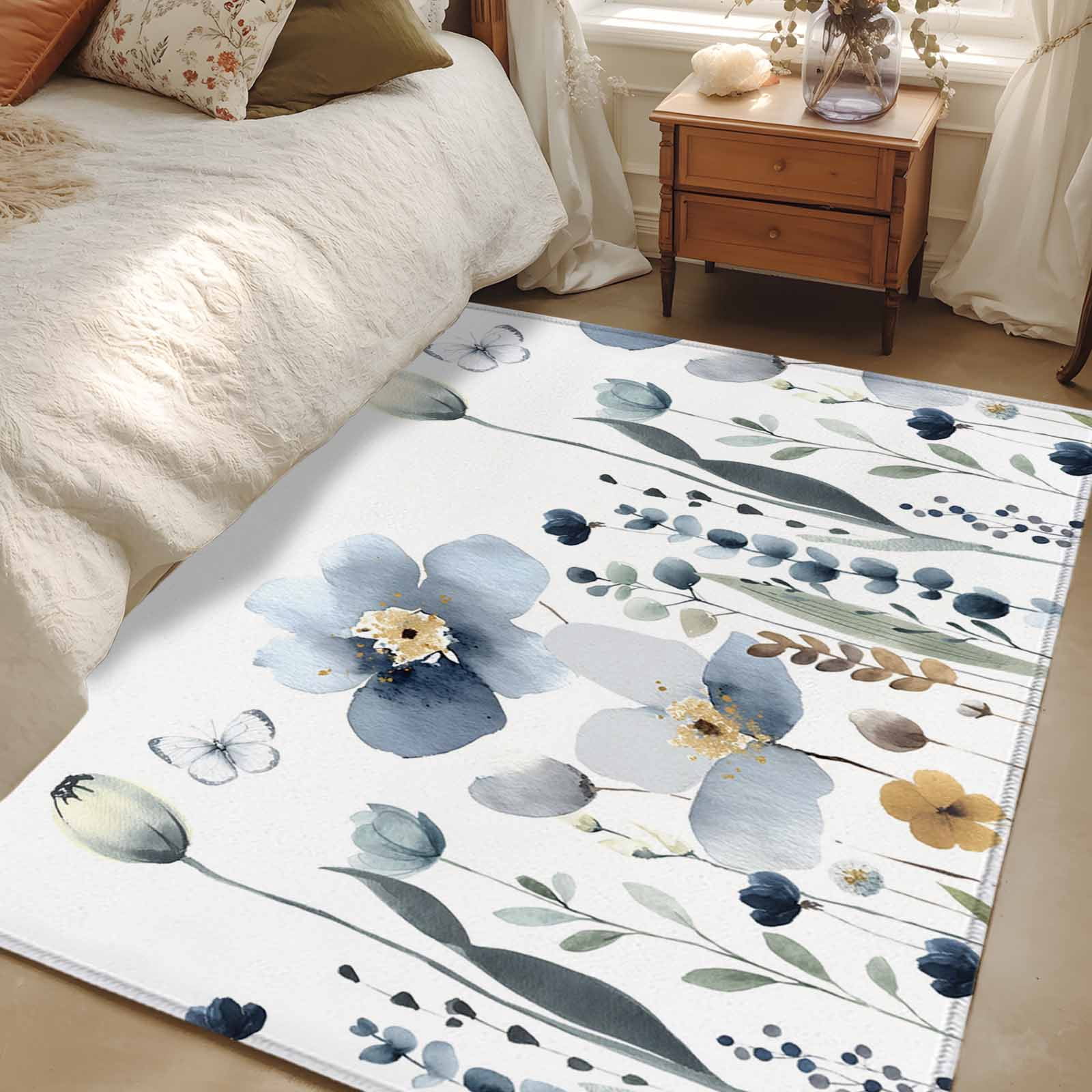 3x5 Area Rugs, Spring Blue Floral Non-Skid Rubber Backing Large ...